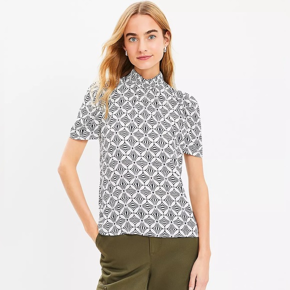 LOFT | Tops | Geo Mock Neck Puff Sleeve Mixed Media Top | Poshmark